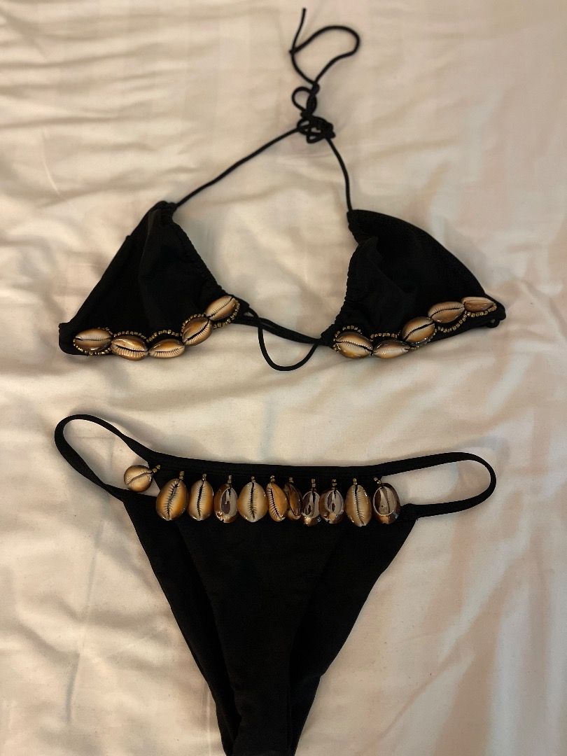 Black Bikini Adorned with Shells from Bali, Women's Fashion, Swimwear ...