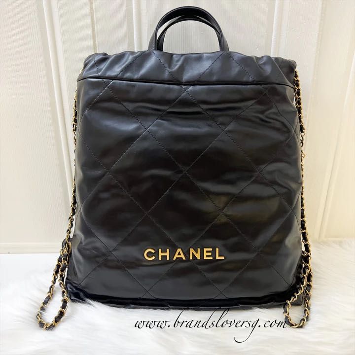 Chanel 22 Large Backpack in Black Shiny Calfskin and AGHW, Luxury, Bags ...