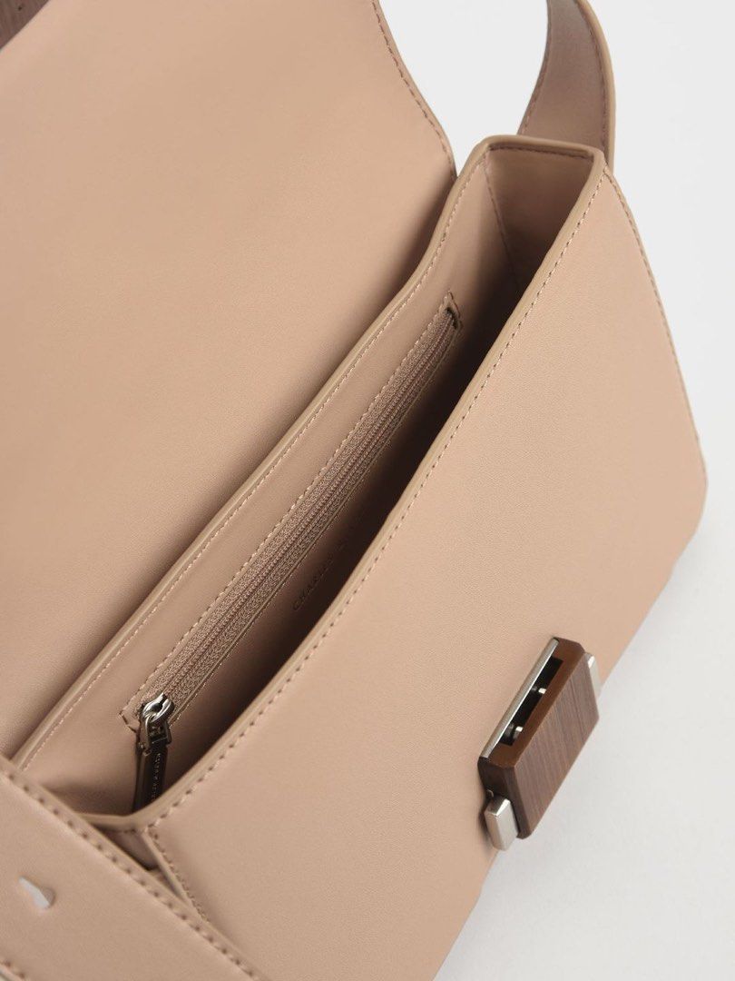 Charles and Keith Front Flap Push Lock Crossbody Bag - tan, Women's ...