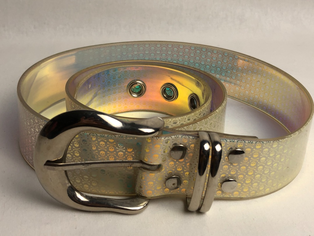 Holographic Rainbow Sheen Skull Danger Warning Belt, Men's Fashion ...