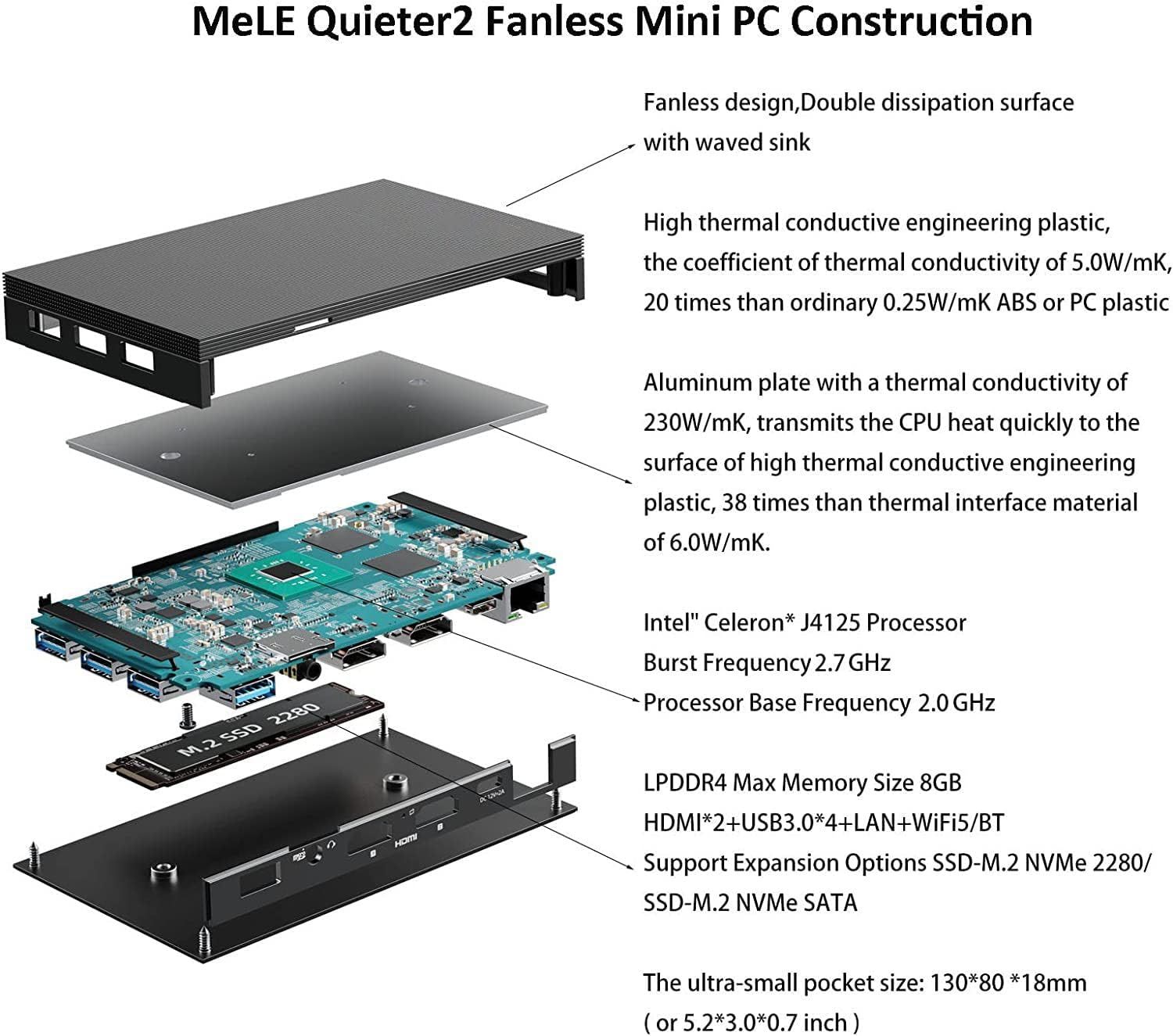 MeLE Quieter2Q Fanless Mini PC Windows 11 pro Celeron J4125 8GB 128GB Micro PC Portable Small ...