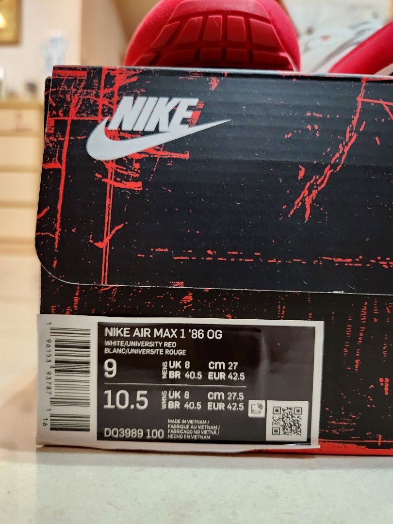 Nike Air Max 1 '86 OG (Men US 9 / white-university red) DQ3989-100, 男裝 ...
