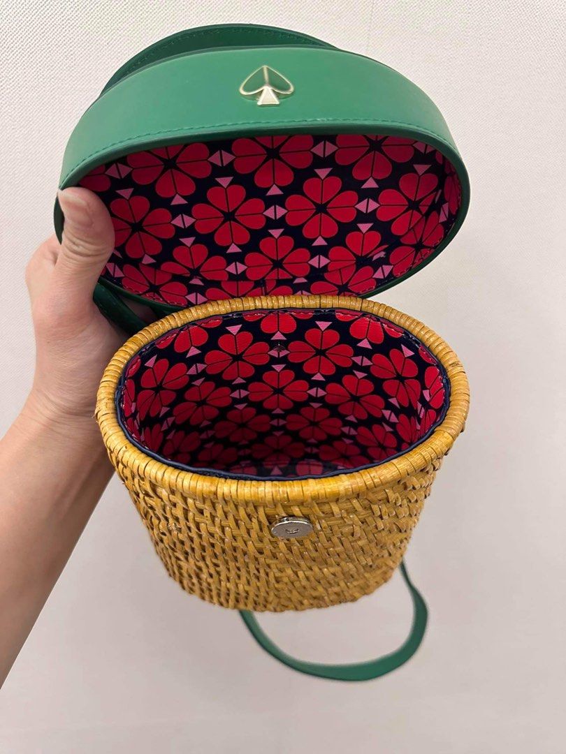 ORIGINAL KATE SPADE Green Mini Rose Rattan Bucket Bag, Luxury, Bags ...