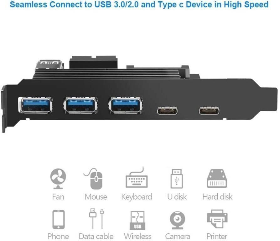 PCI-E to USB 3.0 5-Port(2x USB-C - 3x USB-A) Expansion Card ,PCI ...