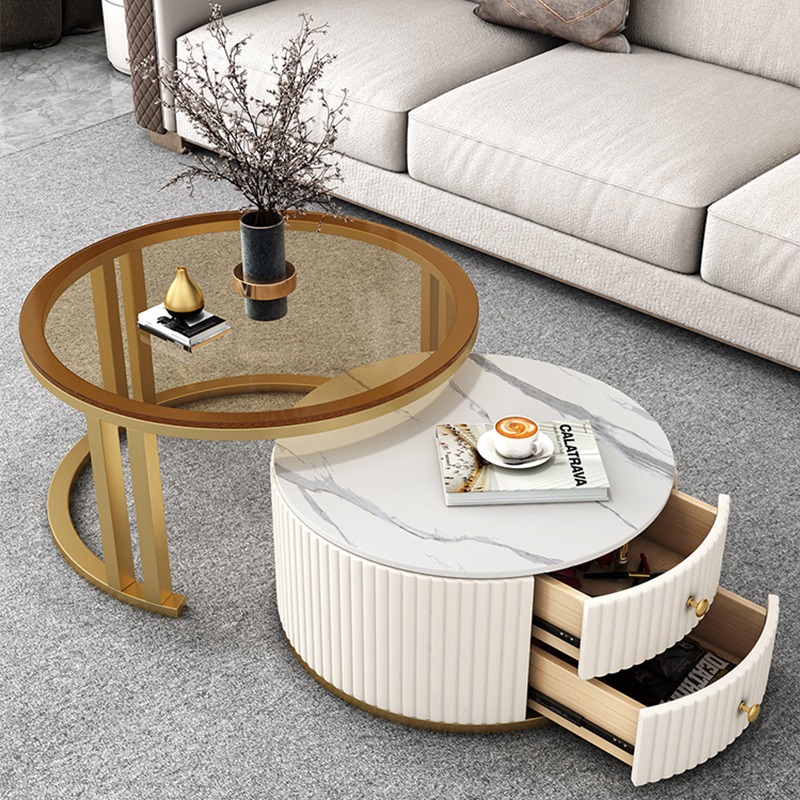 Round Coffee Table 2in1 Drawer with slide Rail Solid wood Drawer ...