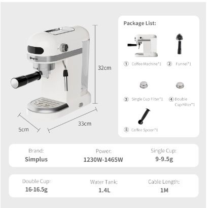 Simplus Semi Auto Espresso Machine With Steam Milk Frother Coffee Maker ...