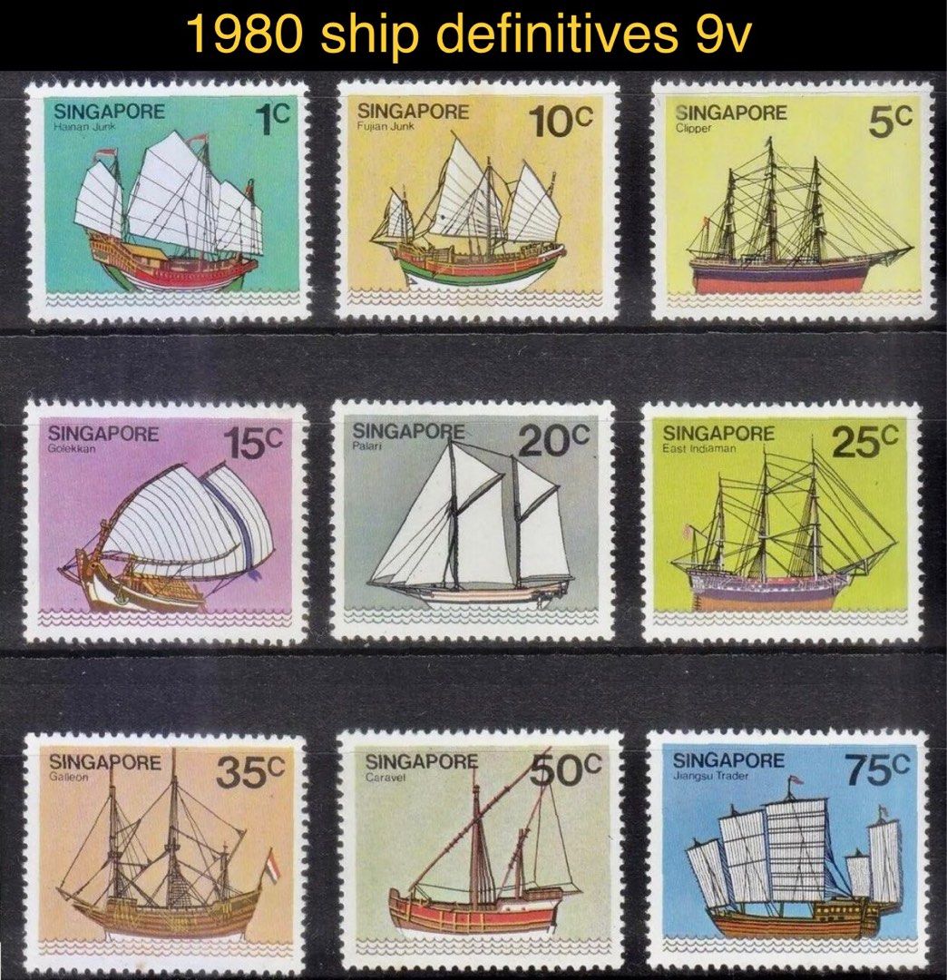 Singapore 1980 stamps ships 9v definitives set mint MH fresh gum ...