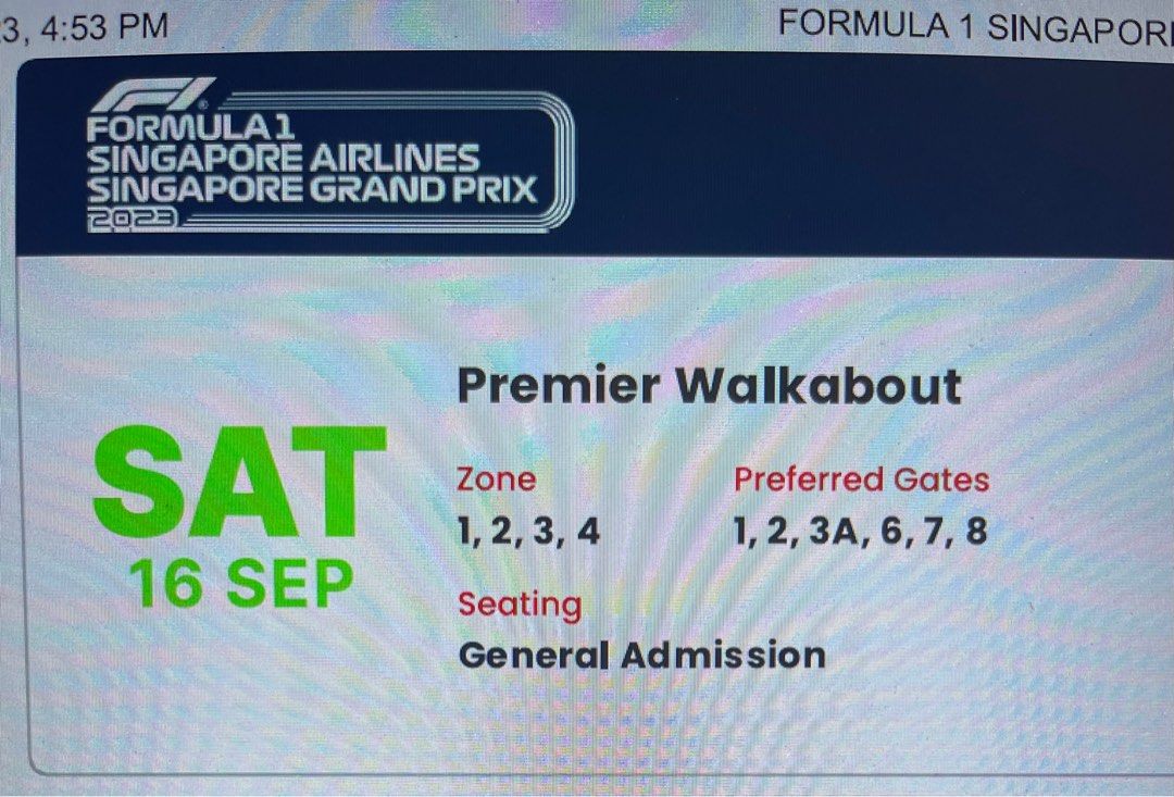 SINGAPORE GRAND PRIX 2023 RACE DAY TICKET, Tickets & Vouchers, Event ...