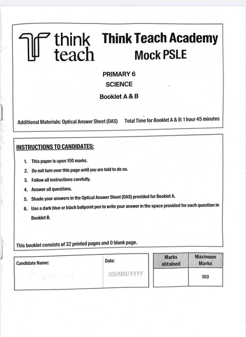ThinkTeach PSLE Science Mock Exam 2023 (Sep) paper, Hobbies & Toys ...