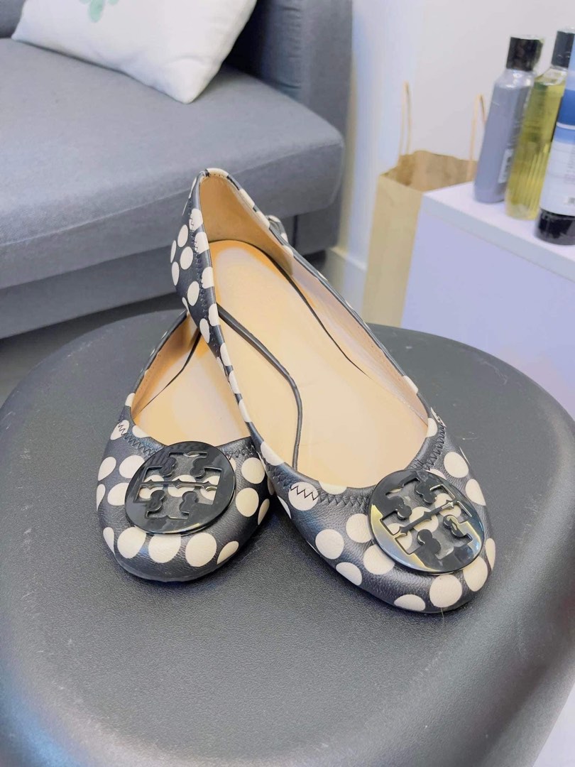 Tory Burch Black Leather Reva Scrunch Ballet Flats, Women's Fashion ...