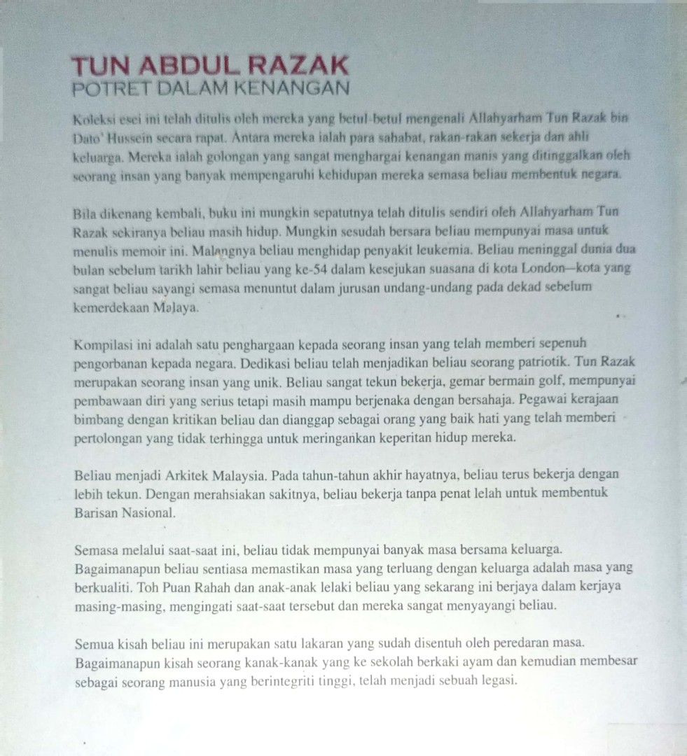 Tun Abdul Razak Potret Dalam Kenangan Hobbies And Toys Books And Magazines Assessment Books On 