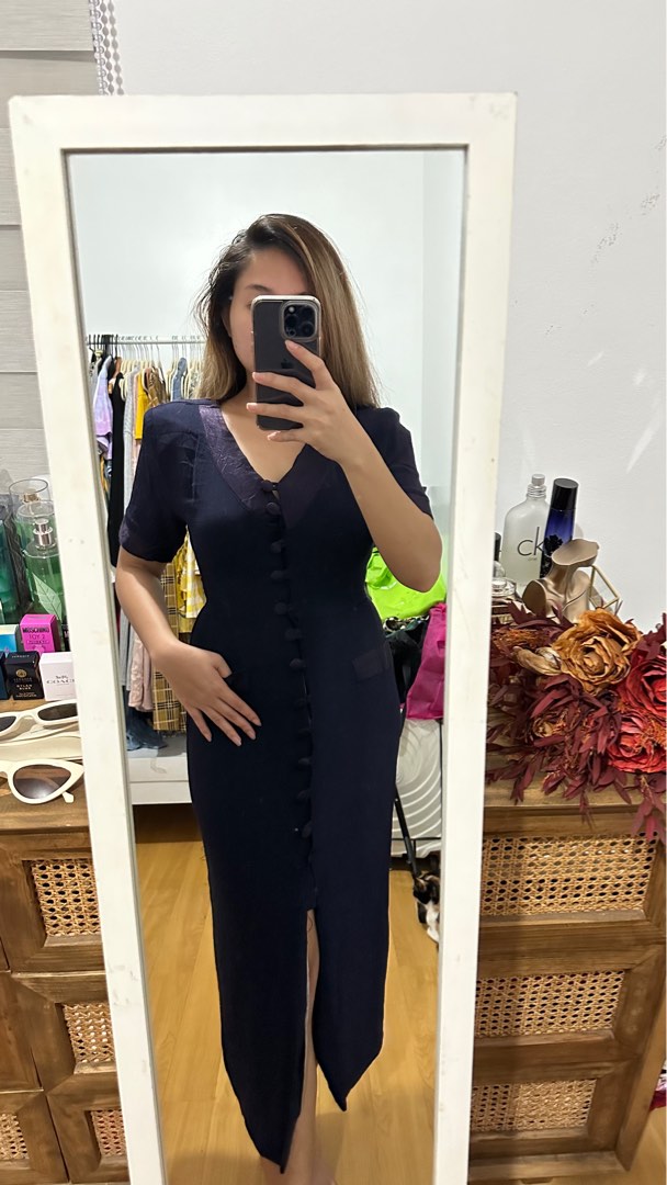 Vintage Style Midi Dress Navy Blue Color Buttondown, 2 missing buttons ...