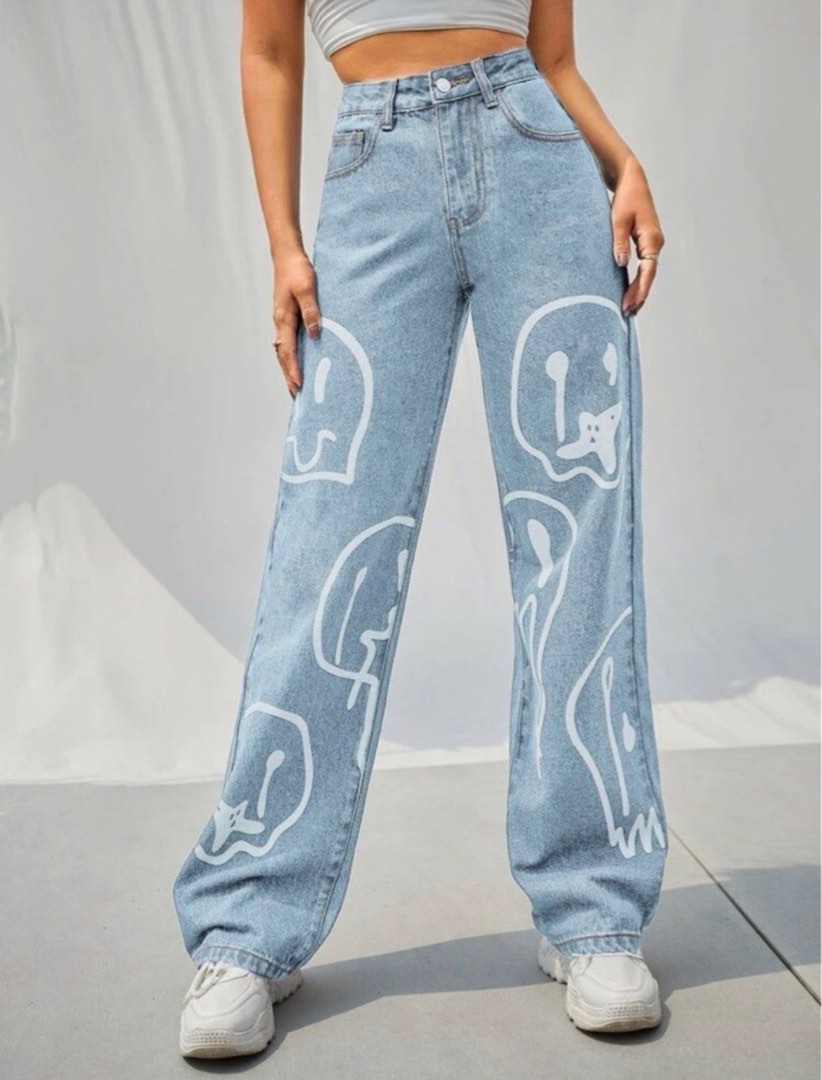 Wide Leg Jeans With Pattern, Women's Fashion, Bottoms, Jeans & Leggings ...