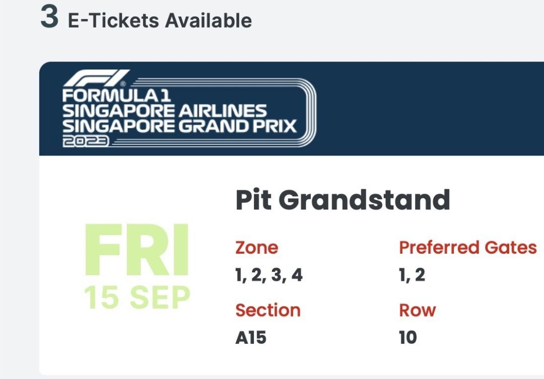 1 ticket of F1 2023 Pit grandstand Saturday & 1 for Sunday only ...