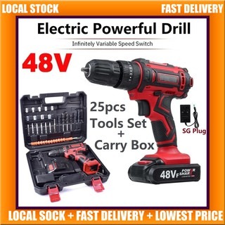 48V Cordless Drill Electric Drill Wall Drill with 25 Pieces Tools Set ...