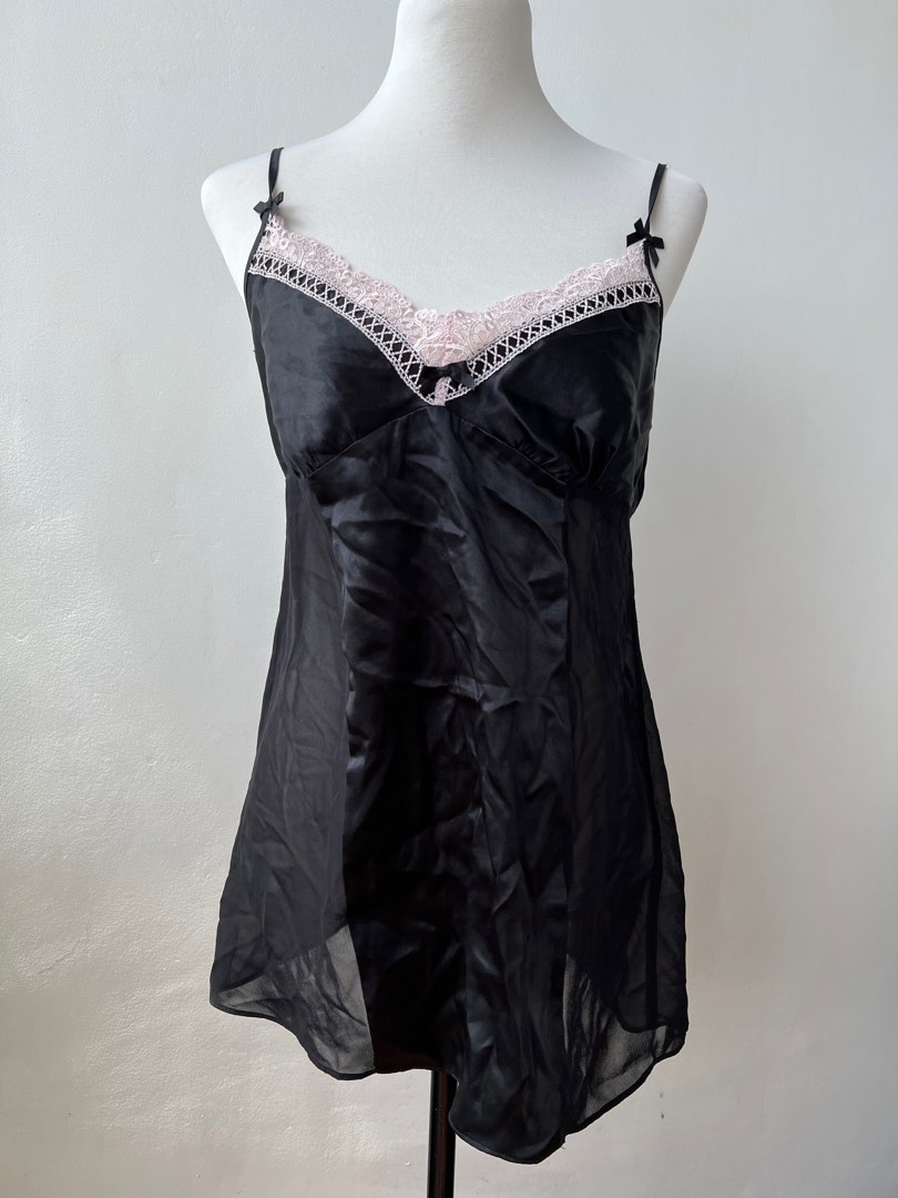 Black Satin Intimate Night Dress, Women's Fashion, Undergarments ...