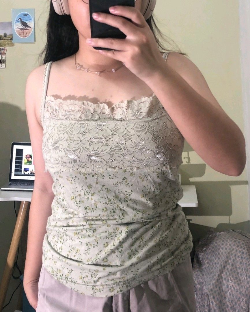 coquette, beige cami lace top, cottagecore, Women's Fashion, Tops ...