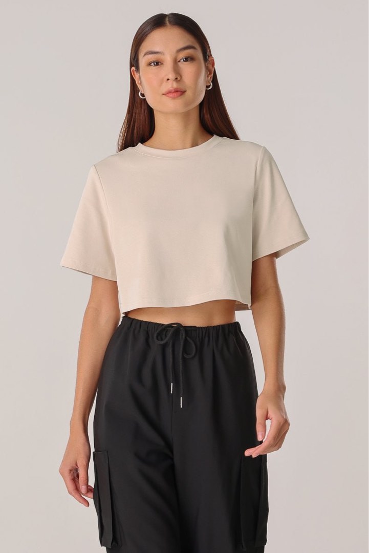 CORA BASIC BOXY CROP TOP (Oat), Women's Fashion, Tops, Shirts on Carousell