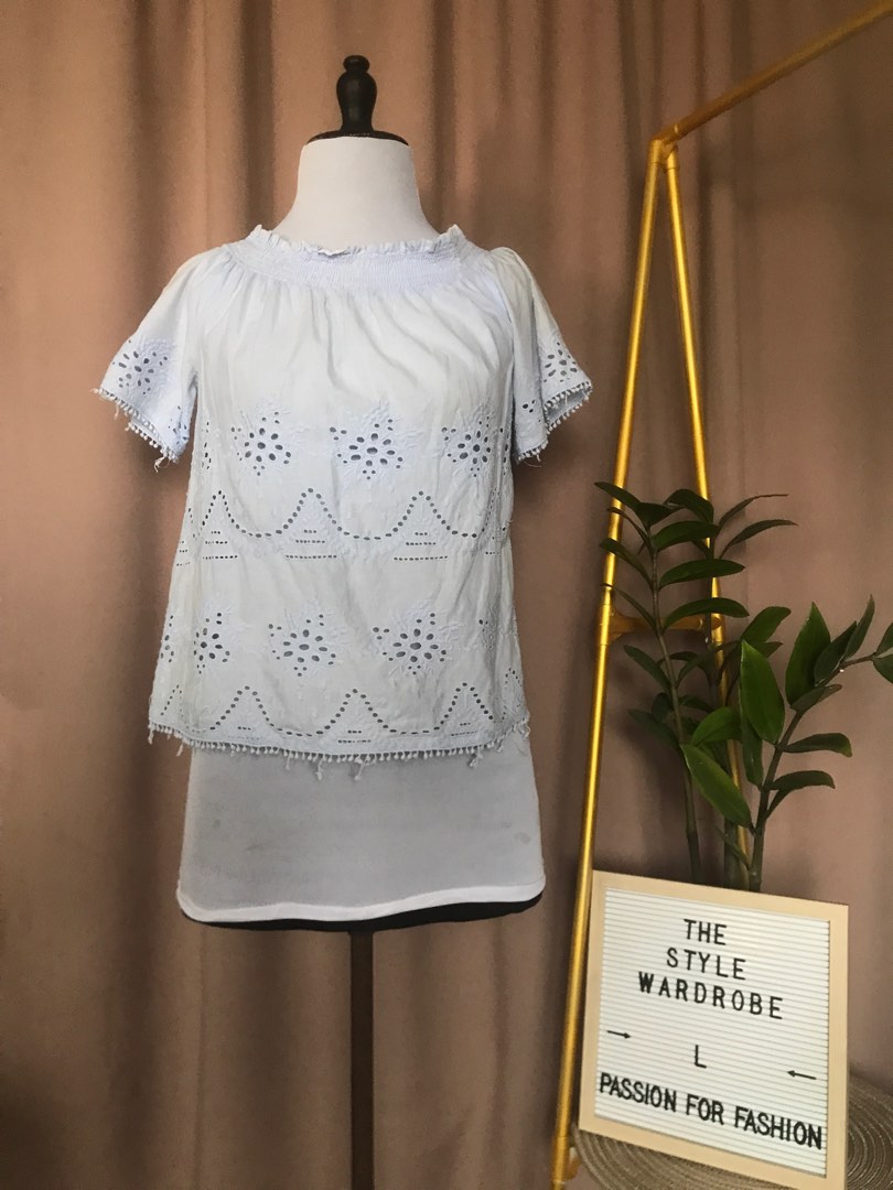 Garter Neck Eyelet Blouse, Women's Fashion, Tops, Blouses on Carousell