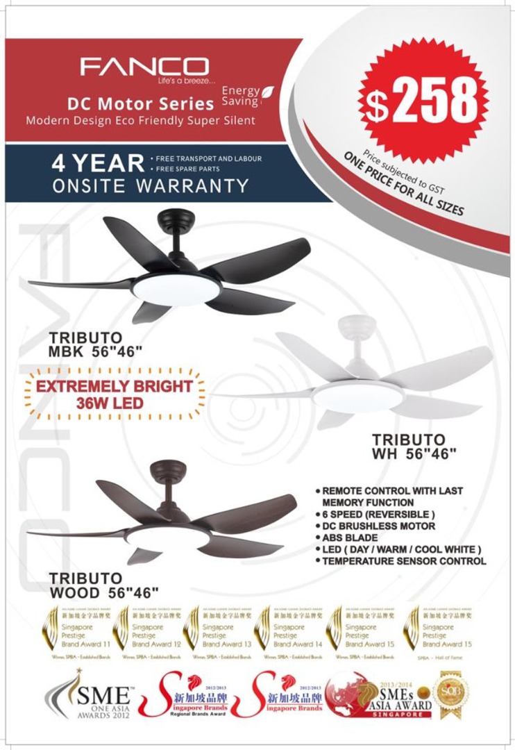 (Installation Promotion) Fanco Tributo 5 Blade 46 /56 inch Ceiling Fan ...