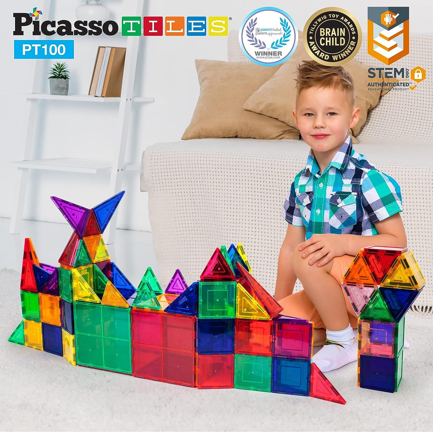 PicassoTiles 100 Piece Set 100Pcs Magnet Building Tiles Clear Magnetic 3D Building Blocks ...