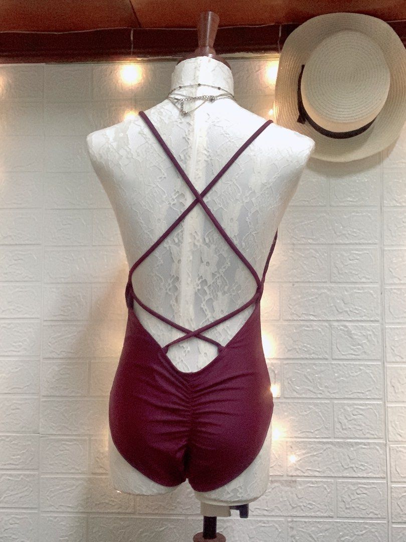 Plum Maroon One piece cross back tie swimsuit, Women's Fashion ...