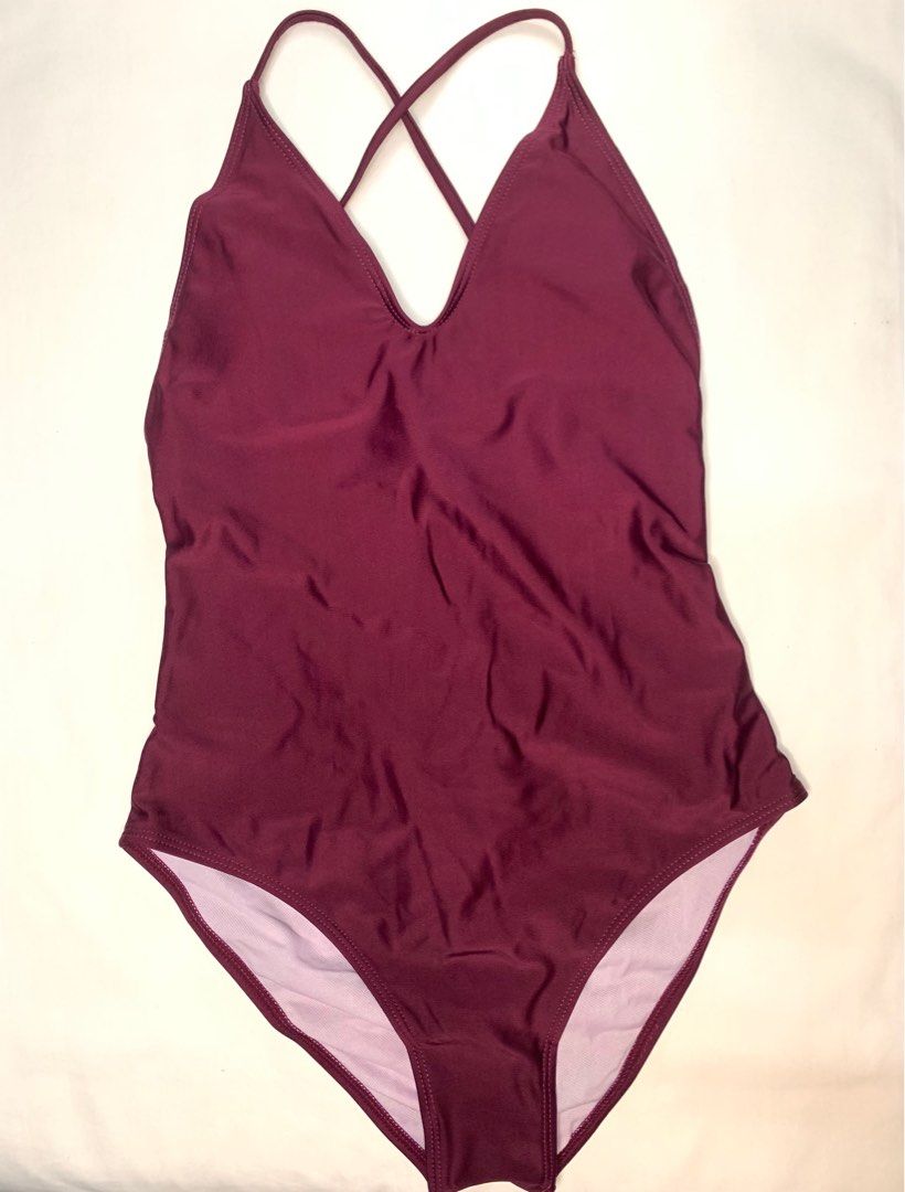 Plum Maroon One piece cross back tie swimsuit, Women's Fashion ...