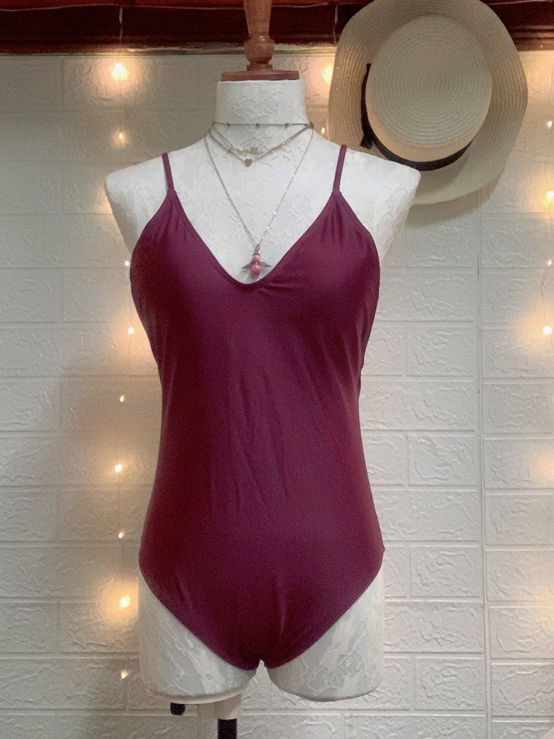 Plum Maroon One piece cross back tie swimsuit, Women's Fashion ...