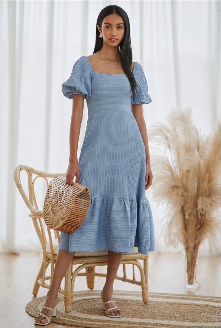 Pouf Sleeves Textured Drophem Dress in Blue, Women's Fashion, Dresses ...