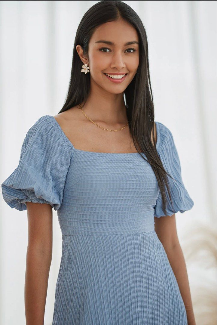 Pouf Sleeves Textured Drophem Dress in Blue, Women's Fashion, Dresses ...