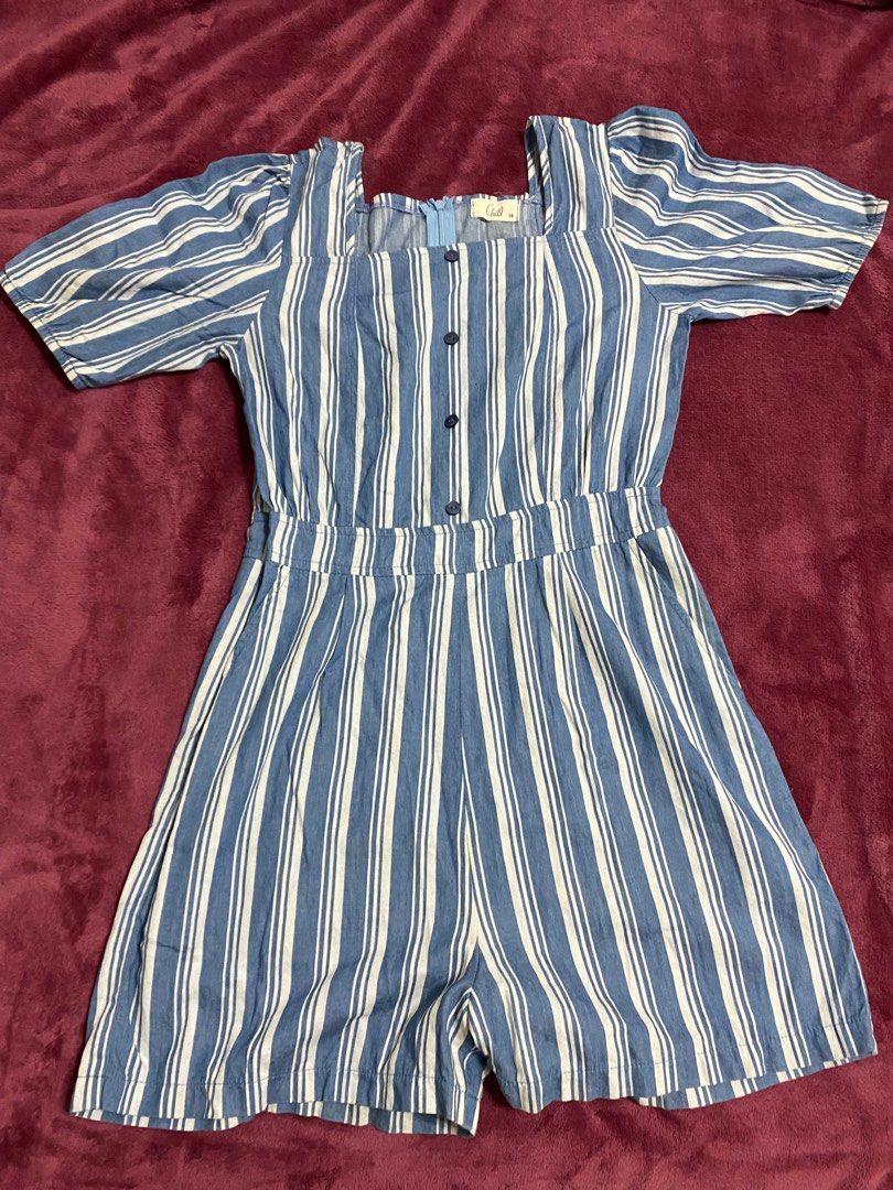 Romper Suit Blue and White Striped, Women's Fashion, Dresses & Sets ...