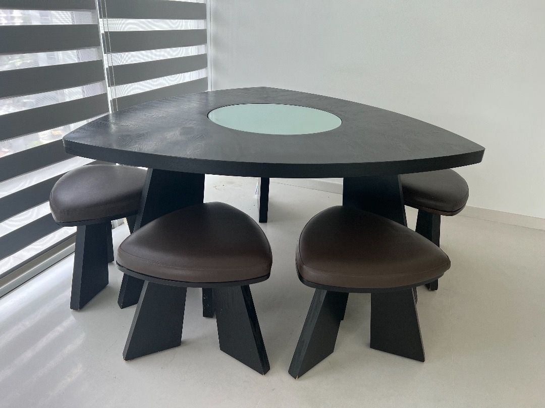 Unique Triangle Dining Table with Lazy Susan (with 4 cushioned stools ...