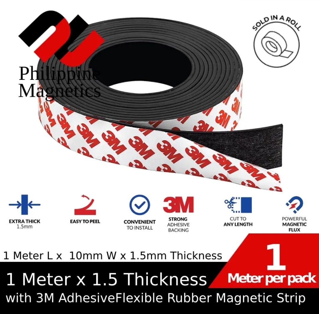 1Meter 10mm x 1.5mm Magnetic Rubber Strip with 3M Adhesive Flexible ...