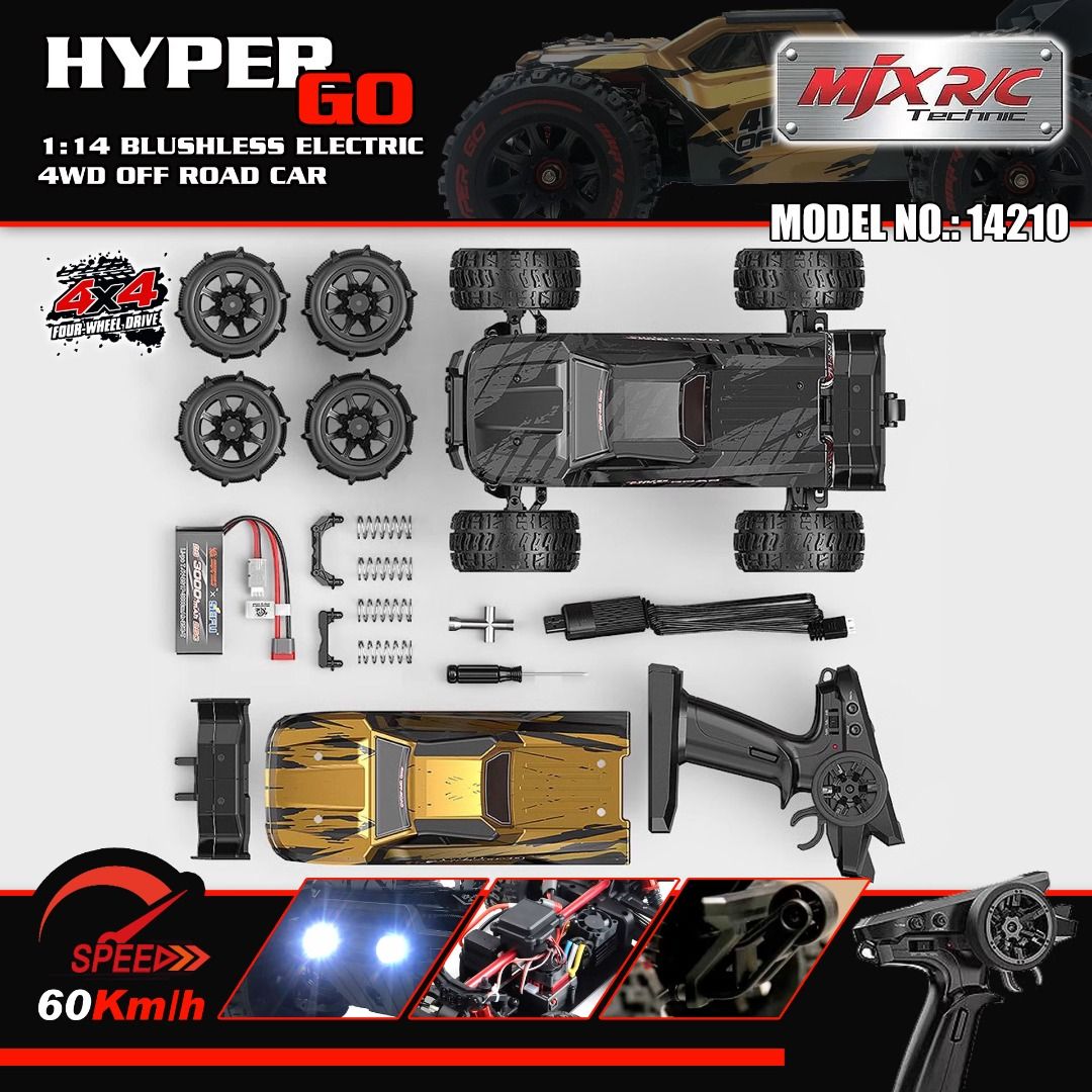 全新 MJX R/C 1:14 14210 無刷越野車 | 防翻尾輪 | 金屬齒輪 | 油壓避震 | 可用3S電 | 最高速約75KM/H | 金色, 興趣及遊戲, 玩具 & 遊戲類 ...