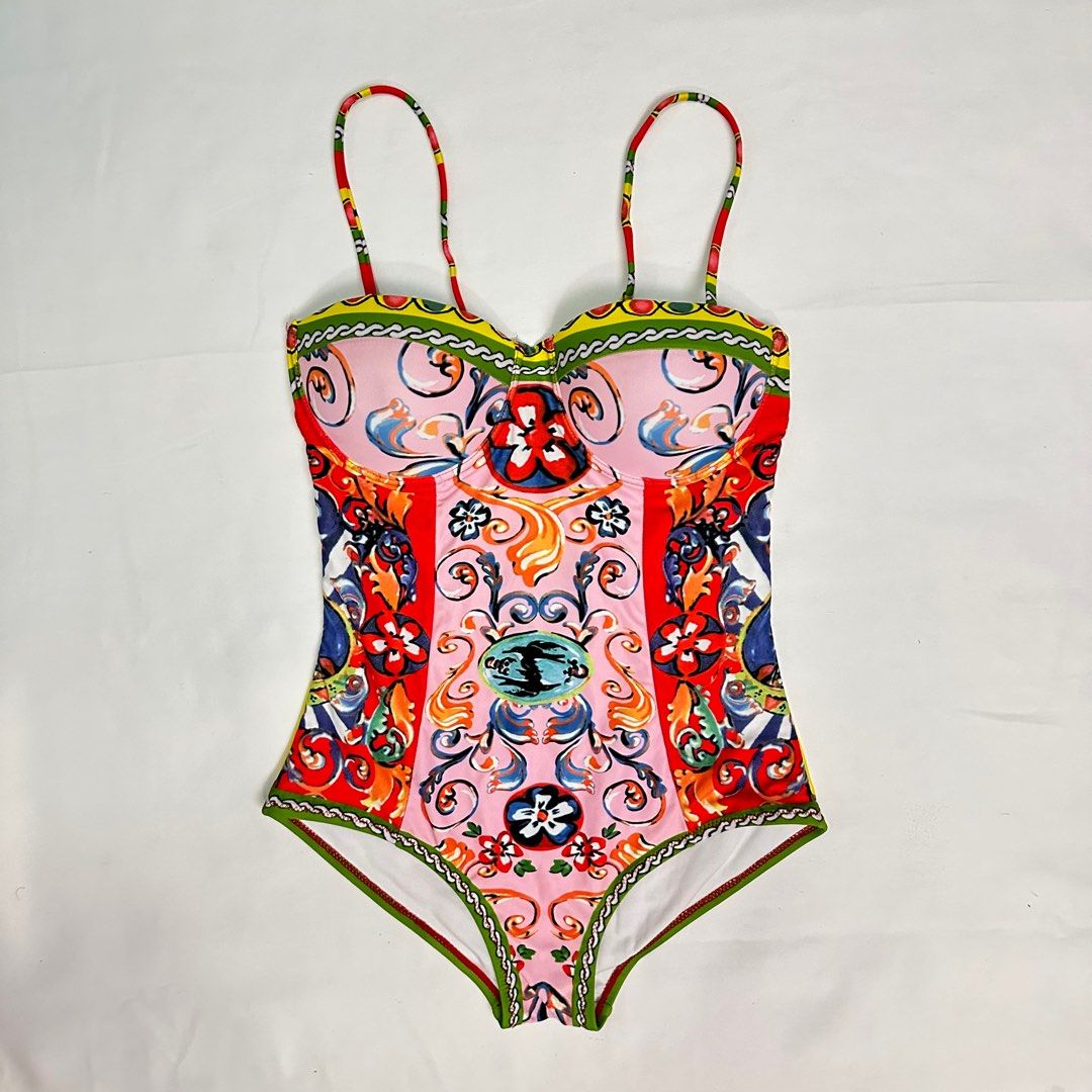 Bustier One-piece Swimsuit in Printed Baroque Floral Design - MEDIUM ...