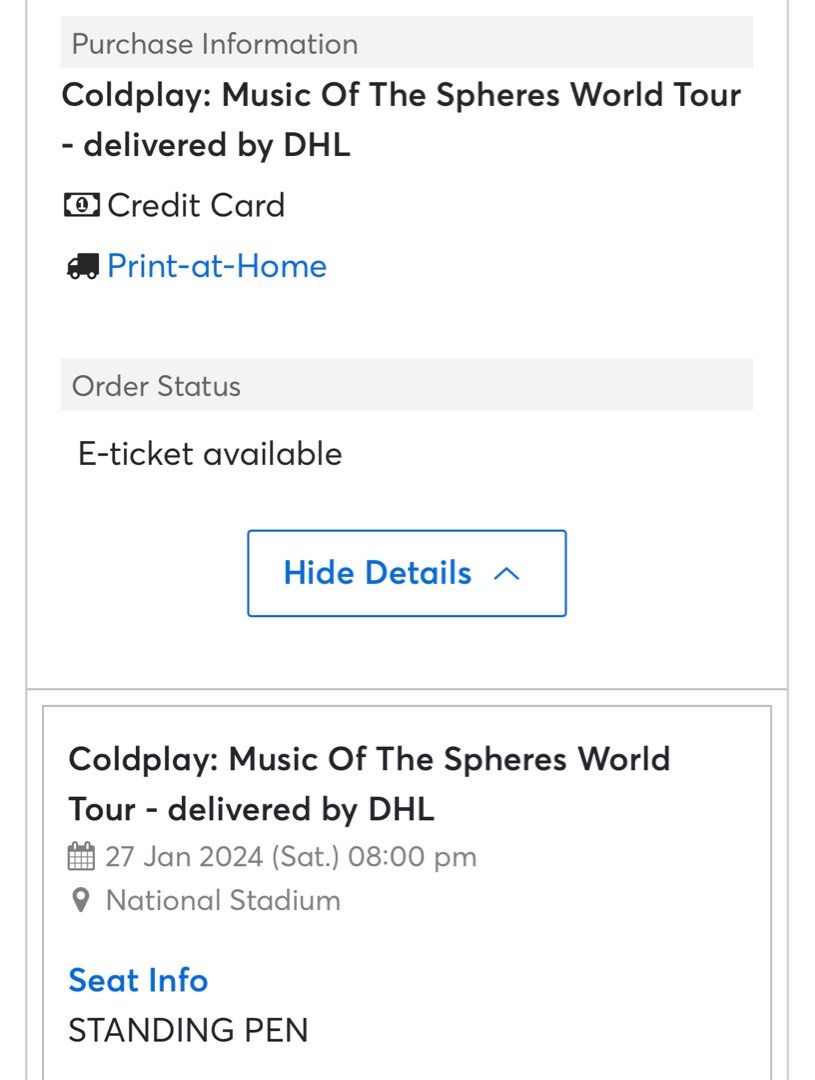 Coldplay Standing ticket Saturday 27 Jan, Tickets & Vouchers, Event ...