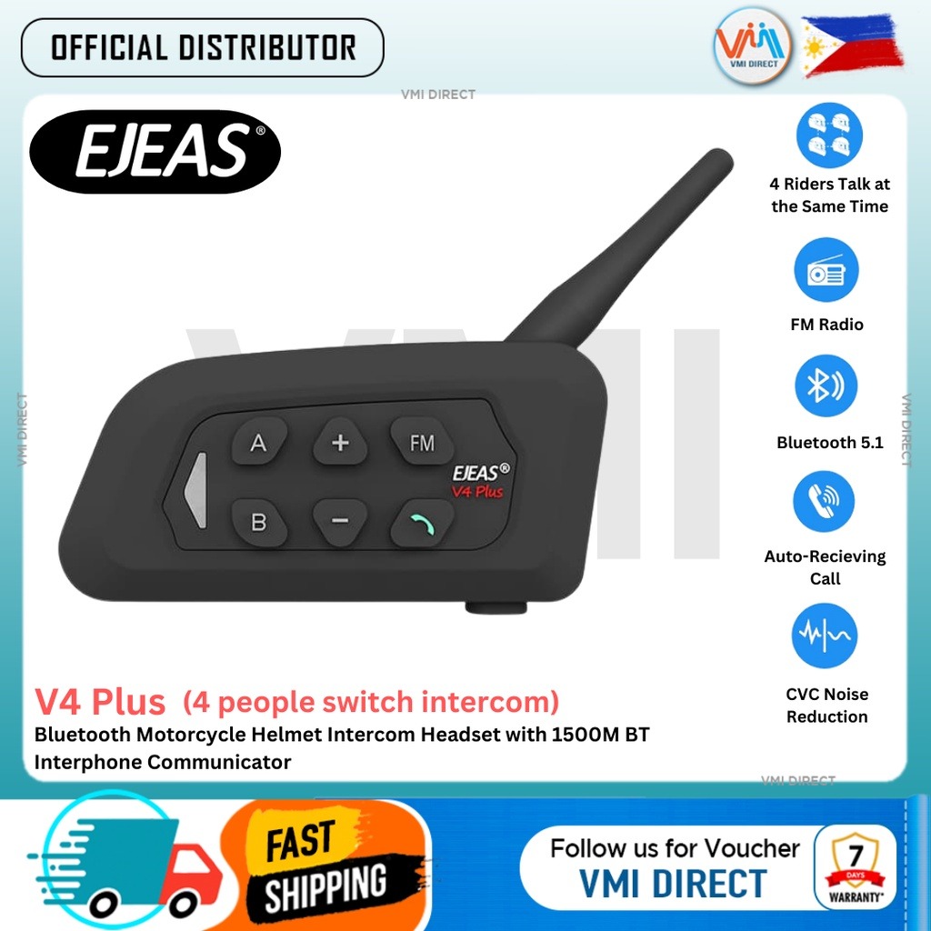 EJEAS V4 Plus Motorcycle Intercom Bluetooth Headset with 1500M BT ...