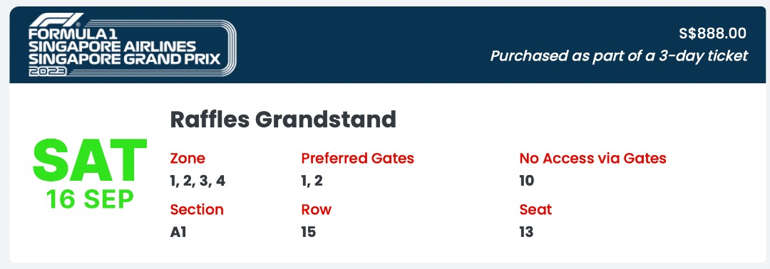 F1 Formula 1 Singapore 2023 Saturday Zone 1 Raffles Grandstand X2 (Sep ...