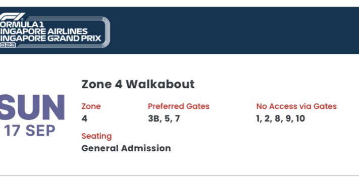 F1 Singapore GP ticket - Zone 4 Walkabout - Sunday, 17 SEP 2023 ...