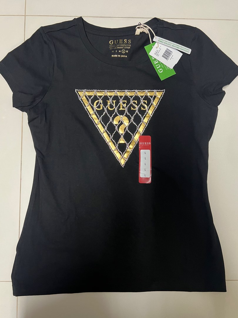 Authentic Guess Black Classic Gold logo Tee with Crystals, Women's ...