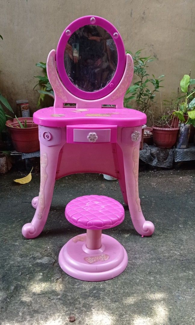 Kids Barbie Vanity Girls Makeup Dresser Mirror Table and Chair, Babies ...