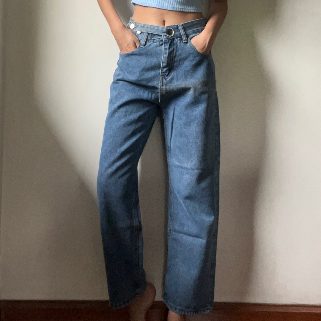 medium wash high waist straight cut denim jeans with adjustable cross ...