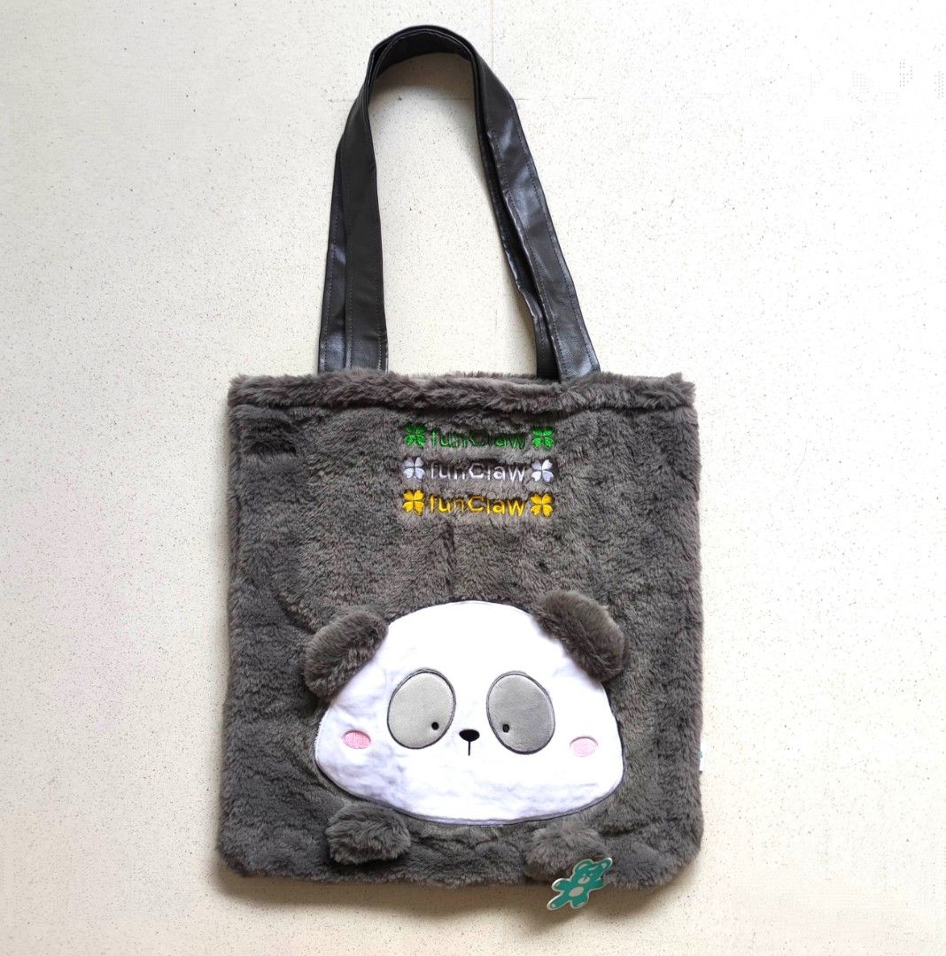 NEW! Fun Claw Tote Bag Furry Dark Grey Black Panda, Women's Fashion ...
