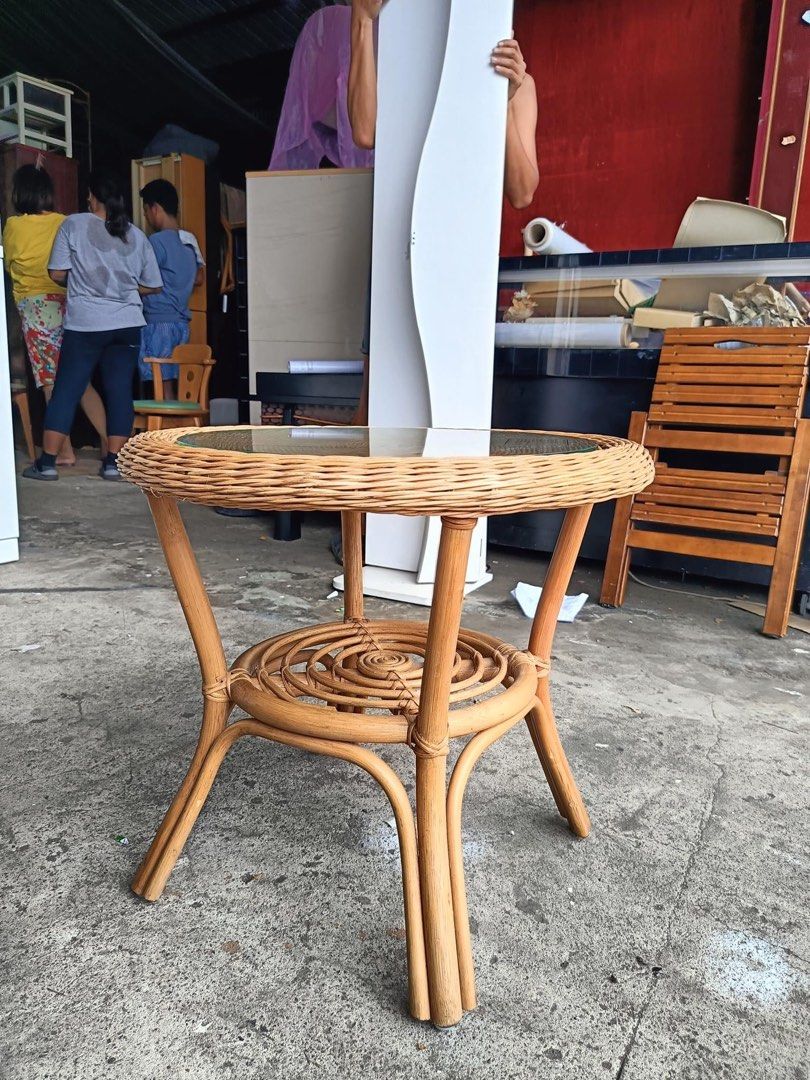 Rattan glass top round center table, Furniture & Home Living, Furniture ...