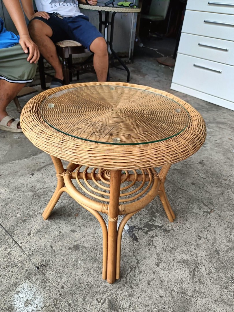 Rattan glass top round center table, Furniture & Home Living, Furniture ...