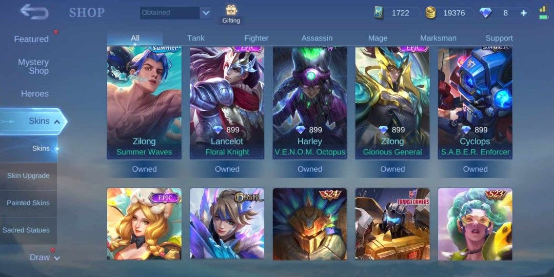 62 Heroes | IV max emblem | 109 skins | 19K Battle points | moonton log ...