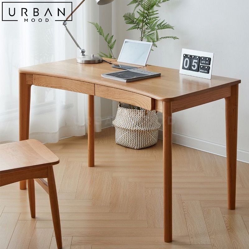 DONNIE Japandi Solid Wood Study Table, Furniture & Home Living ...