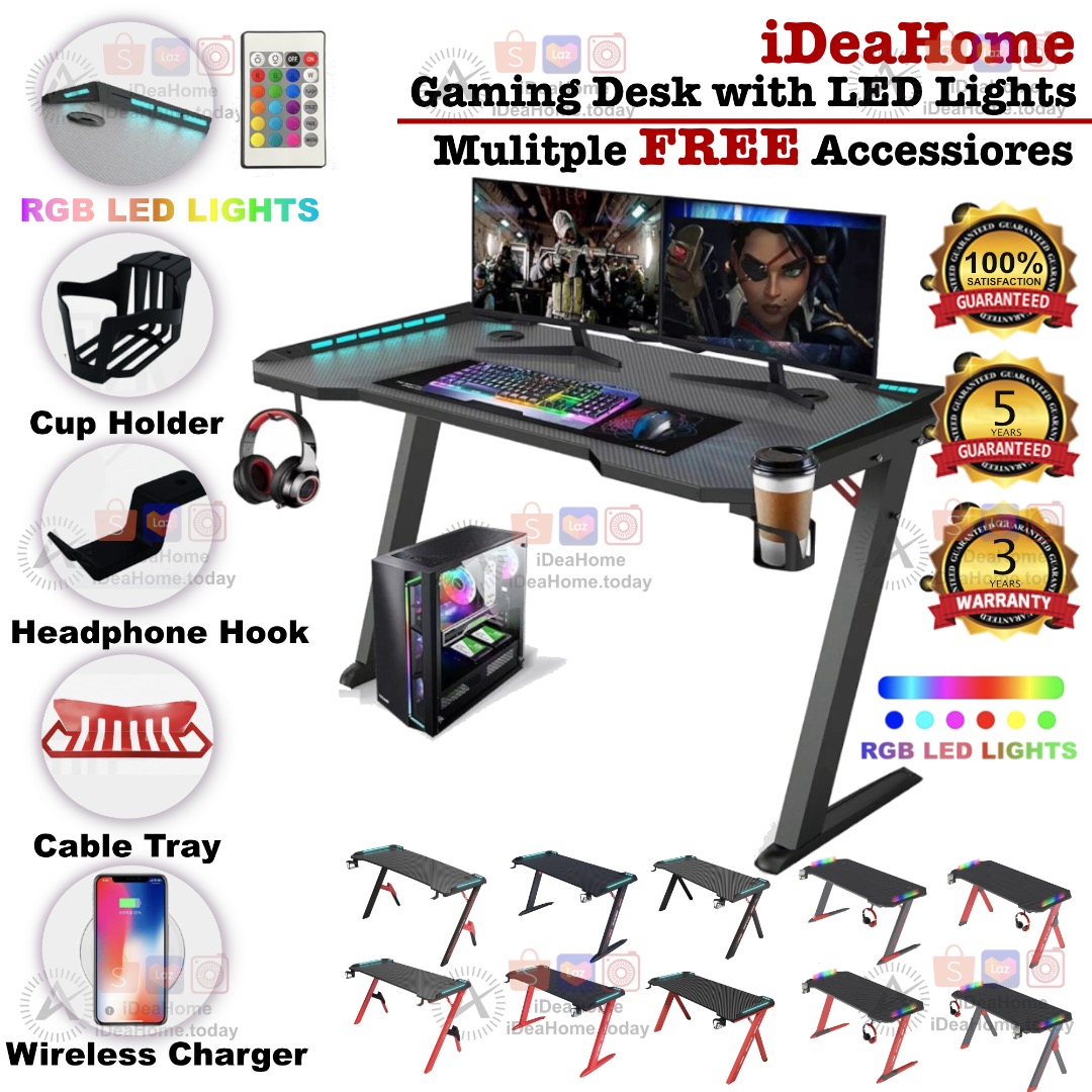 Gaming Desk with Led Lights, Table Computer Workstation with LED RGB ...