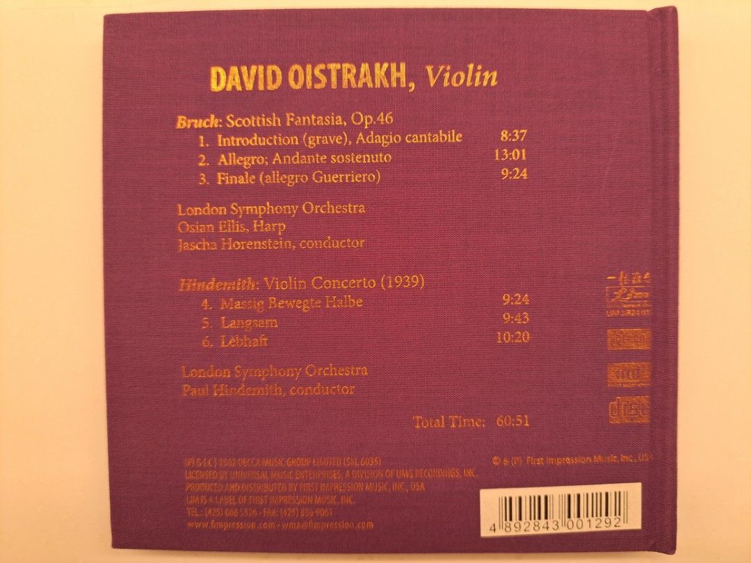 Lasting Impression Music, LIM XR24 015. DAVID OISTRAKH Bruch - Scottish Fantasia; Hindemith ...