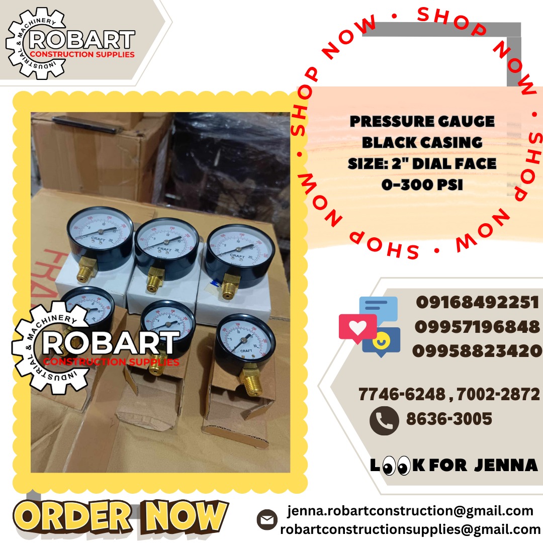 Pressure Gauge Black Casing Size: 2" Dial Face 0-300 PSI, Commercial ...